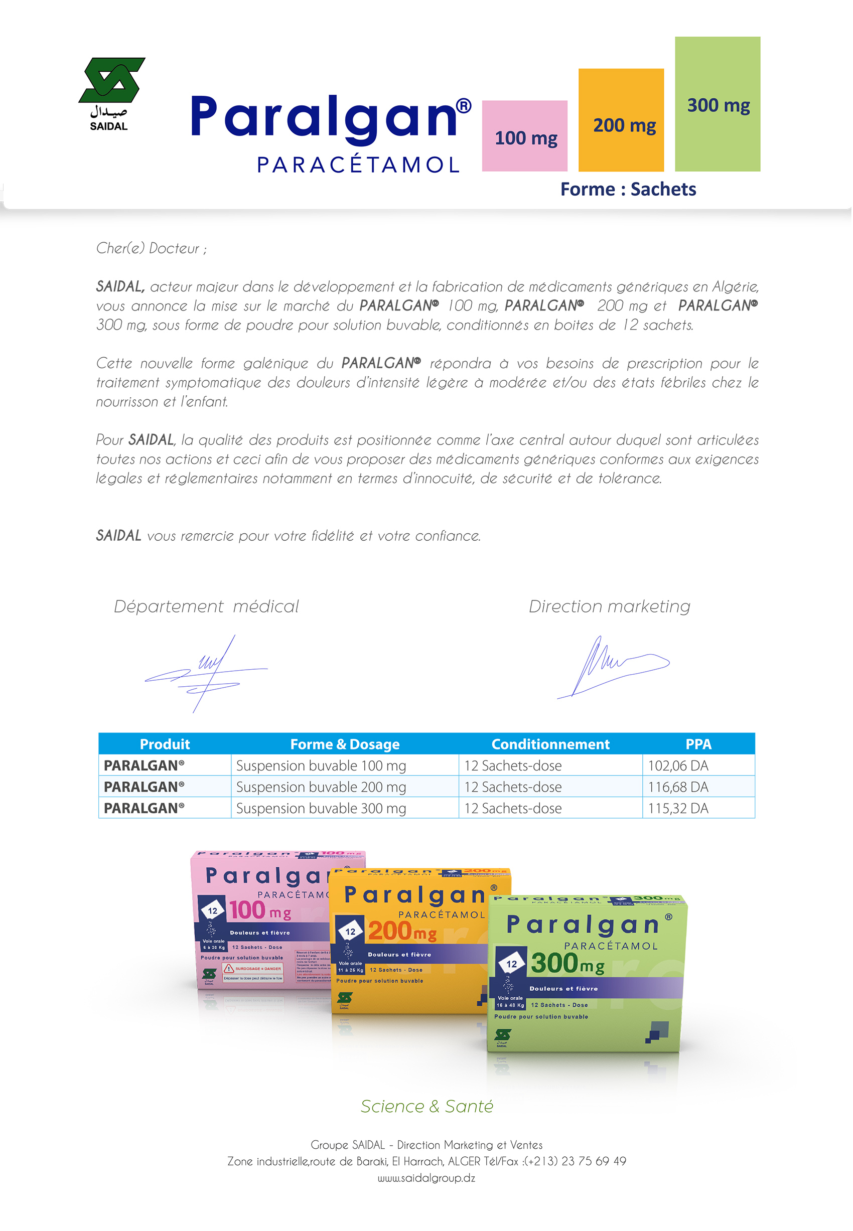 PARALGAN® PARACETAMOL 100mg, 200mg, 300mg Forme : Sachets - Santedz